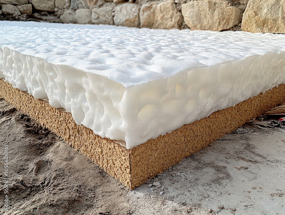Overhead view of polyurethane foam sheet with adhesive spread evenly ...
