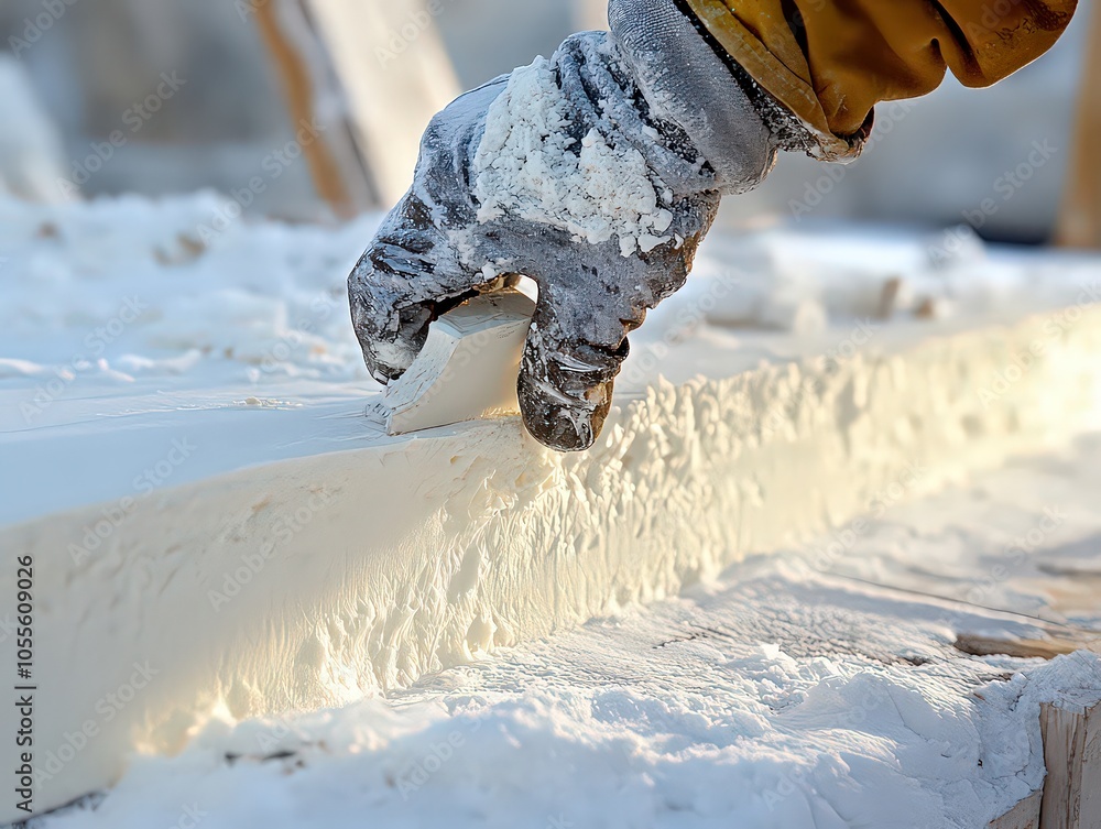 Applying adhesive on white rigid polyurethane foam sheet for house ...