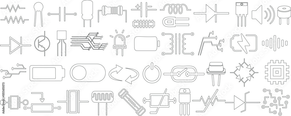 Electronic circuit symbols set, including diode, resistor, capacitor ...