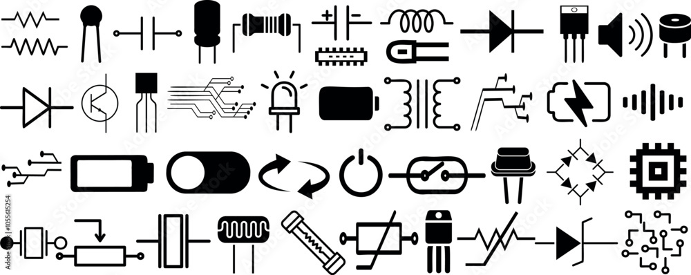 Electrical component symbols vector pack shows resistor, capacitor ...