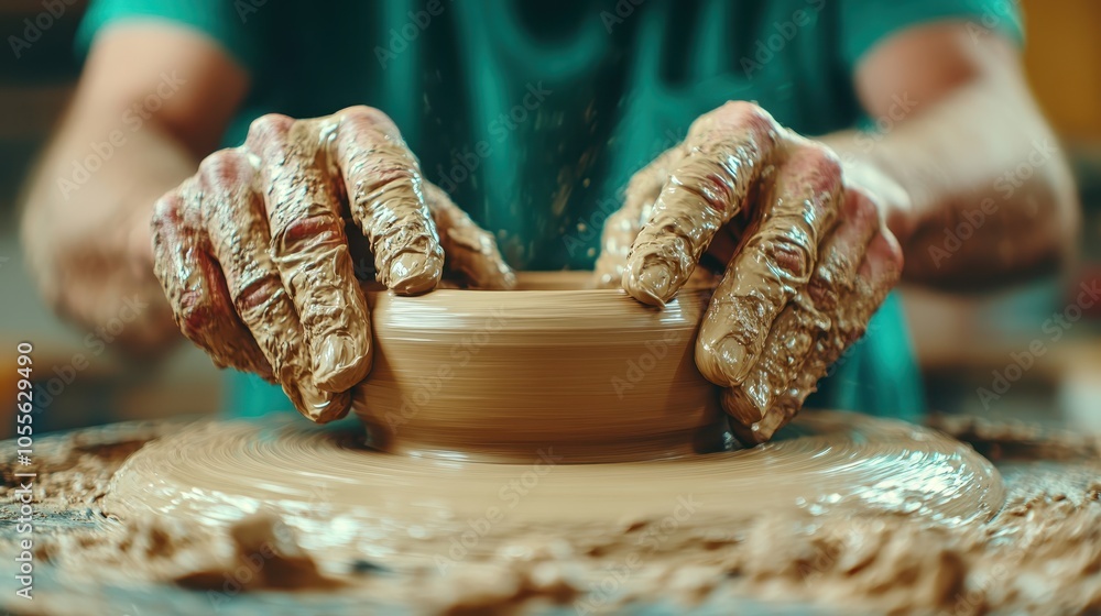 Hands move swiftly around a spinning wheel, shaping a clay pot with ...