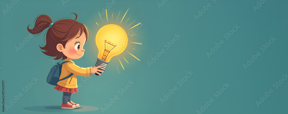 Little Inventors Day. Little girl with a huge yellow light bulb in her ...