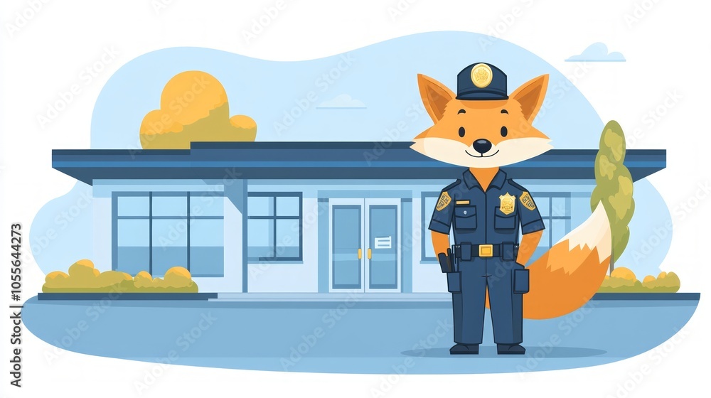A cheerful fox dressed as a police officer poses confidently outside a ...