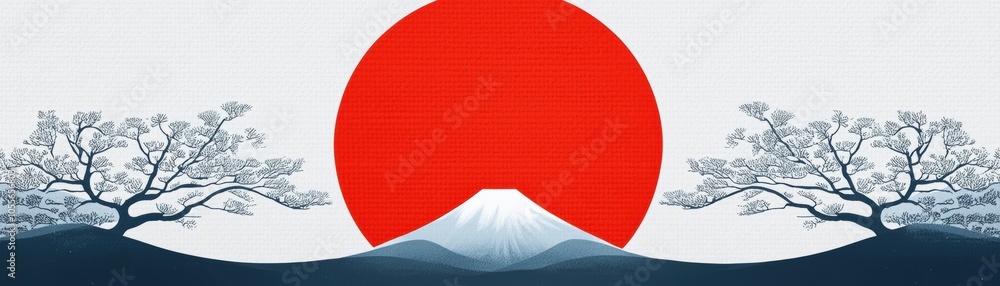 A serene landscape featuring a symbolic red sun rising behind Mount ...