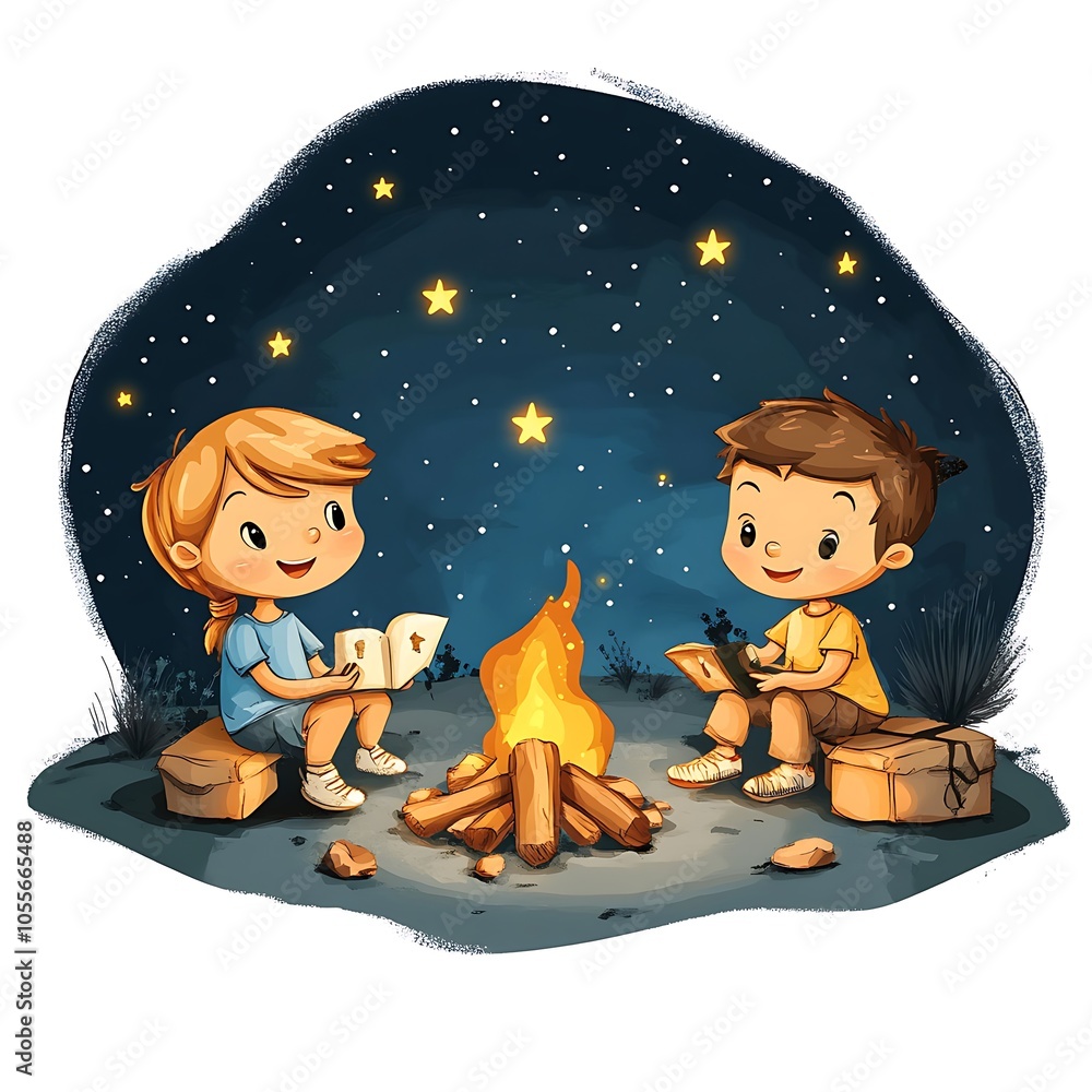 Cartoon friends sharing travel stories around a campfire under the ...