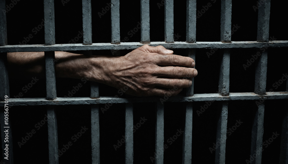 Man's Hand Grasping Prison Bars, The dramatic lighting highlights the ...