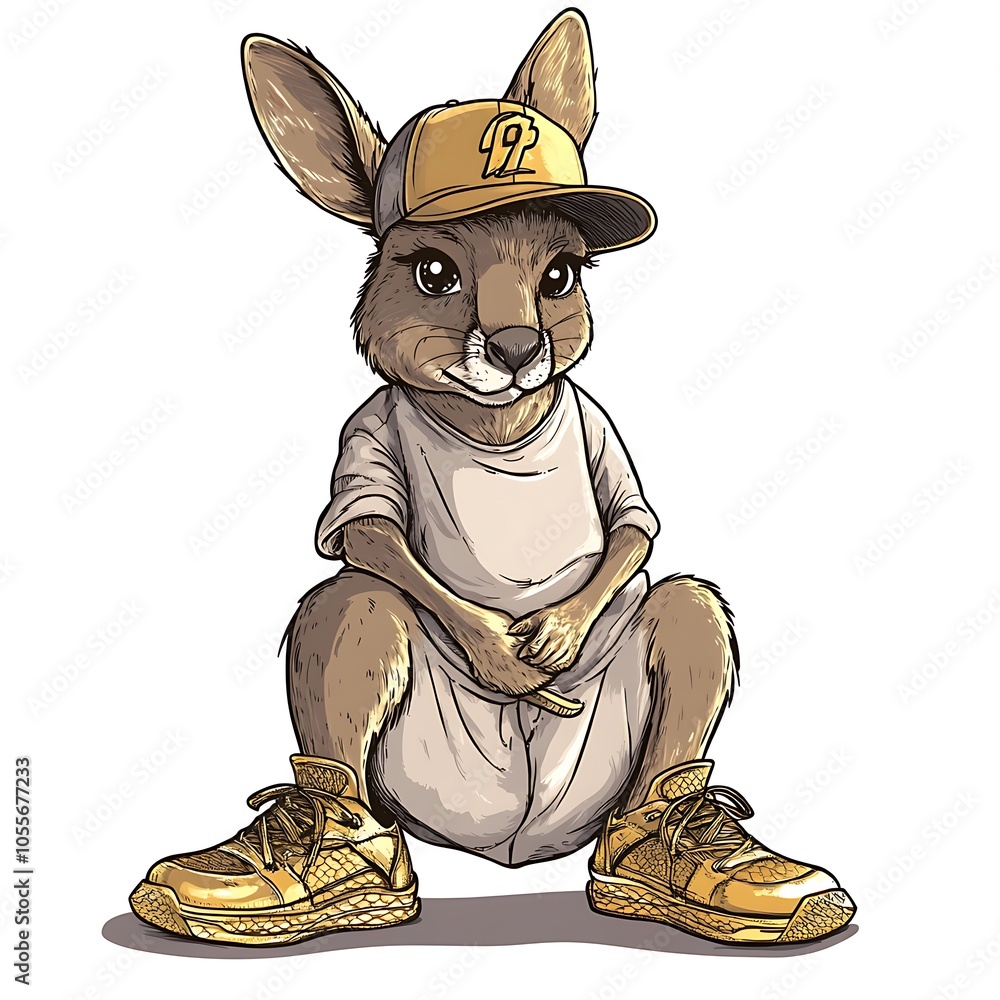 Cartoon kangaroo wearing a sideways cap and gold sneakers on a white ...