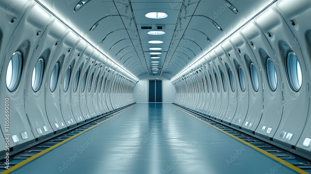 spacious interior of cargo plane fuselage featuring rows of circular ...