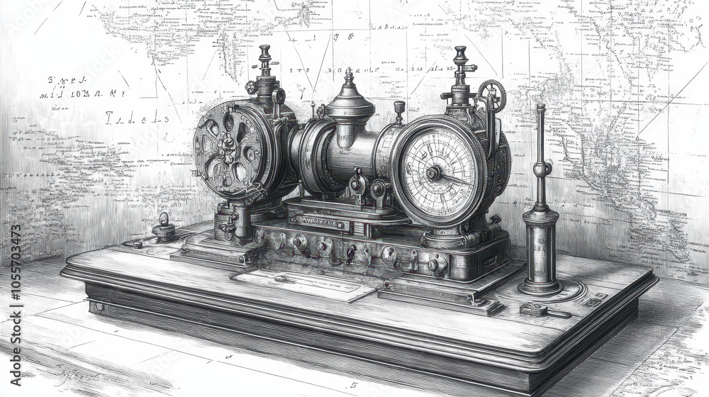 Antique engine order telegraph sketch on nautical map background for ...