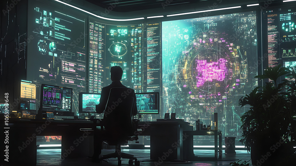 A futuristic office with an AI expert analyzing a digital hologram of data, surrounded by ...