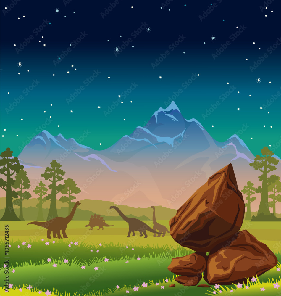 Prehistoric landscape with mountains, starry sky, rock and silhouette ...