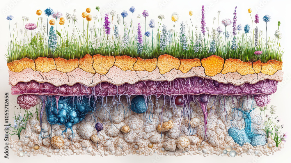Detailed diagram of epidermis structure with labeled skin layers and ...