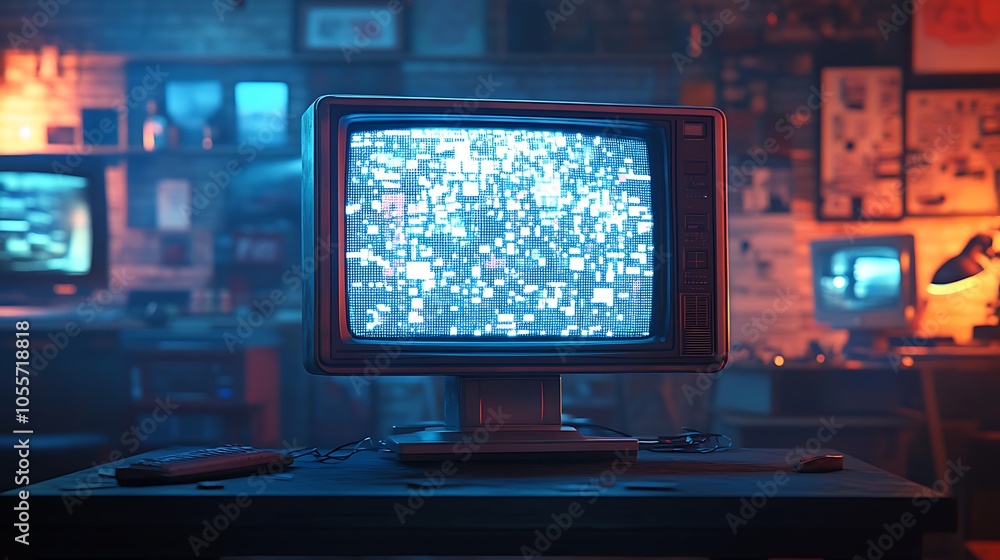 Vintage CRT monitor with soft reflections on screen displaying pixelated content in a hyper ...