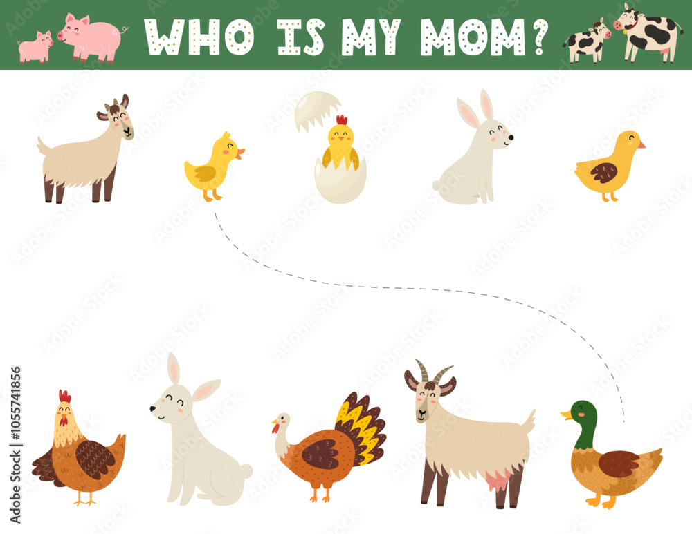 Who is my mom matching game for kids with cute farm animals. Farm ...