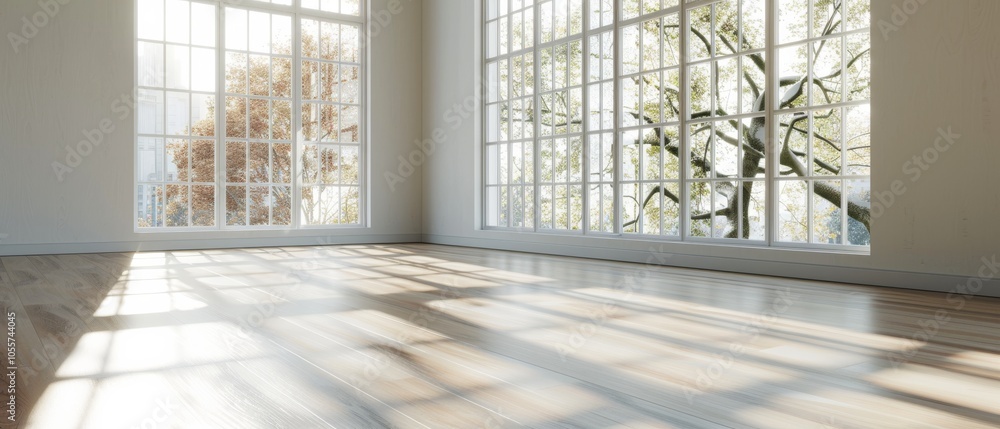 Sunlit, empty room with expansive windows reveals a soft, tranquil ...