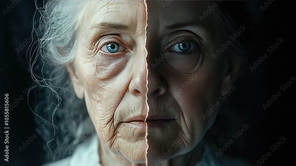 Split-face portrait showing half elderly woman and half middle-aged ...