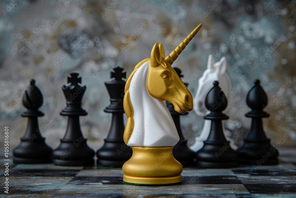 Striking golden and white unicorn chess piece stands boldly on a board ...