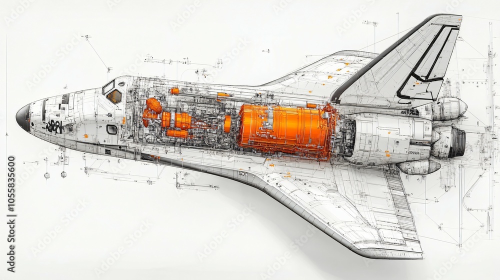 Cutaway drawing of a space shuttle with orange engine details, white ...