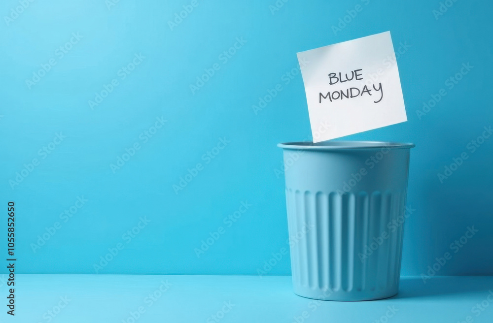 A blue trash bin stands prominently on a bright blue surface holding a ...