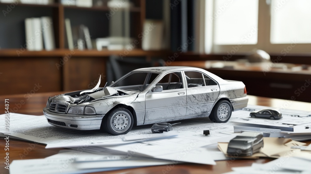 Detailed model of a wrecked silver car placed on paperwork, evoking the ...