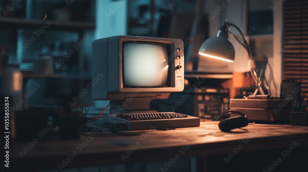 Dusty, retro computer on a cluttered desk, faint glow from the screen ...