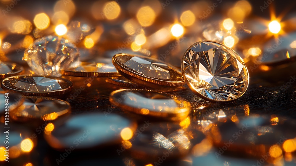 A close-up of gold coins and diamonds placed side by side, reflecting ...