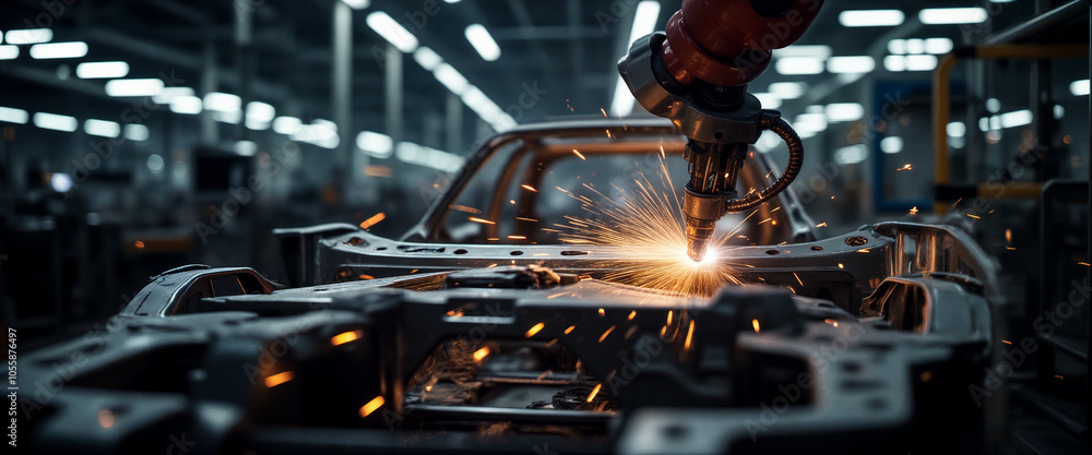 Robotic arm performing welding on automotive frame in a factory during ...