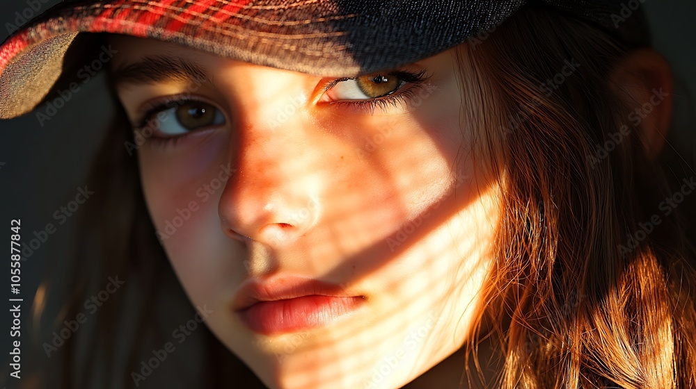 Teenage girl with a cap tilted over her face, her eyes hidden, with ...