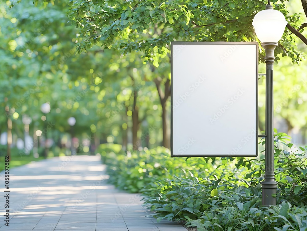 Modern lamp post with blank banner, urban park scene, bright daylight ...