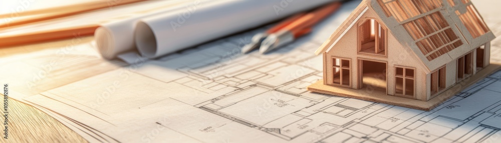 Miniature house on blueprints, a visual representation of architectural ...