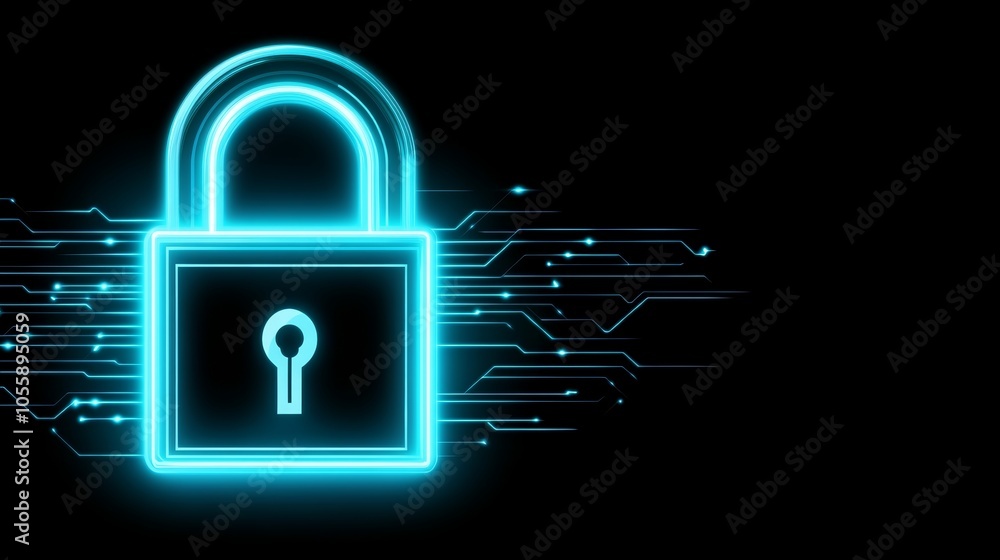 Enhanced digital security, glowing blue lock protecting a circuit from ...