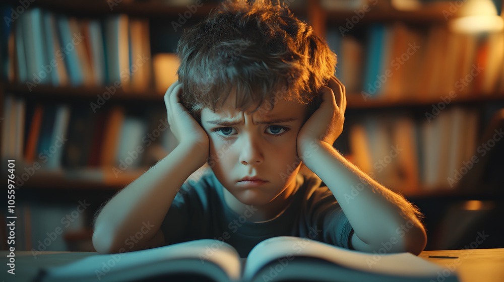 young boy sitting at a desk in a library looks frustrated while staring ...