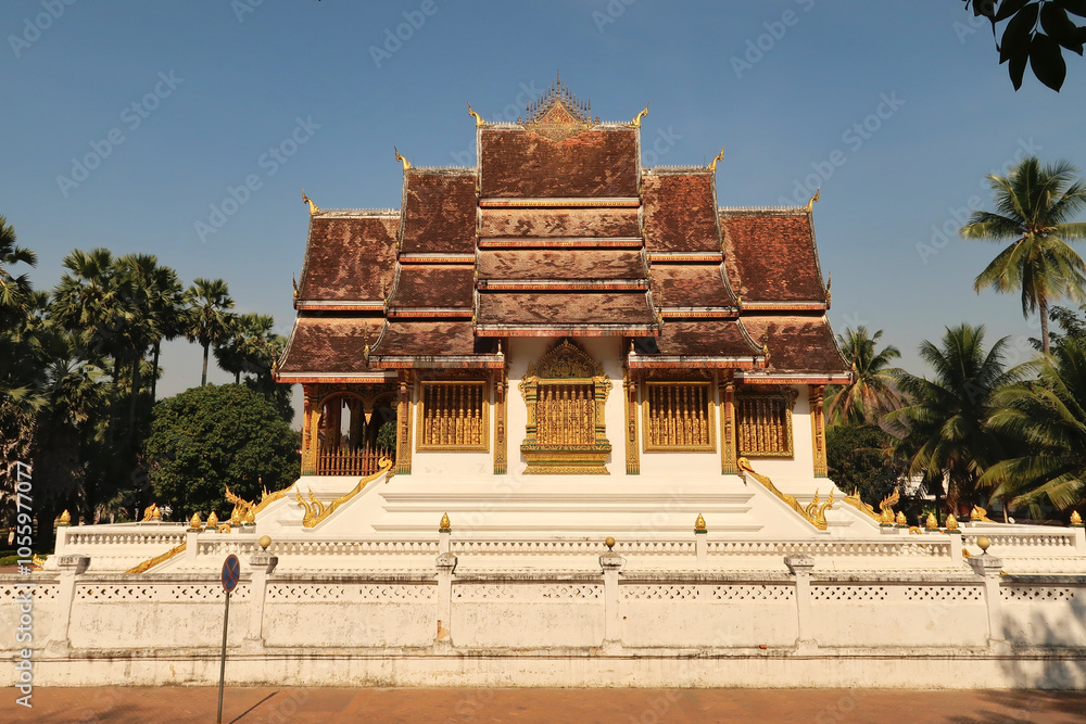 View onto the Haw Phra Bang, Haw Pha Ban a pavilion, temple inside the ...