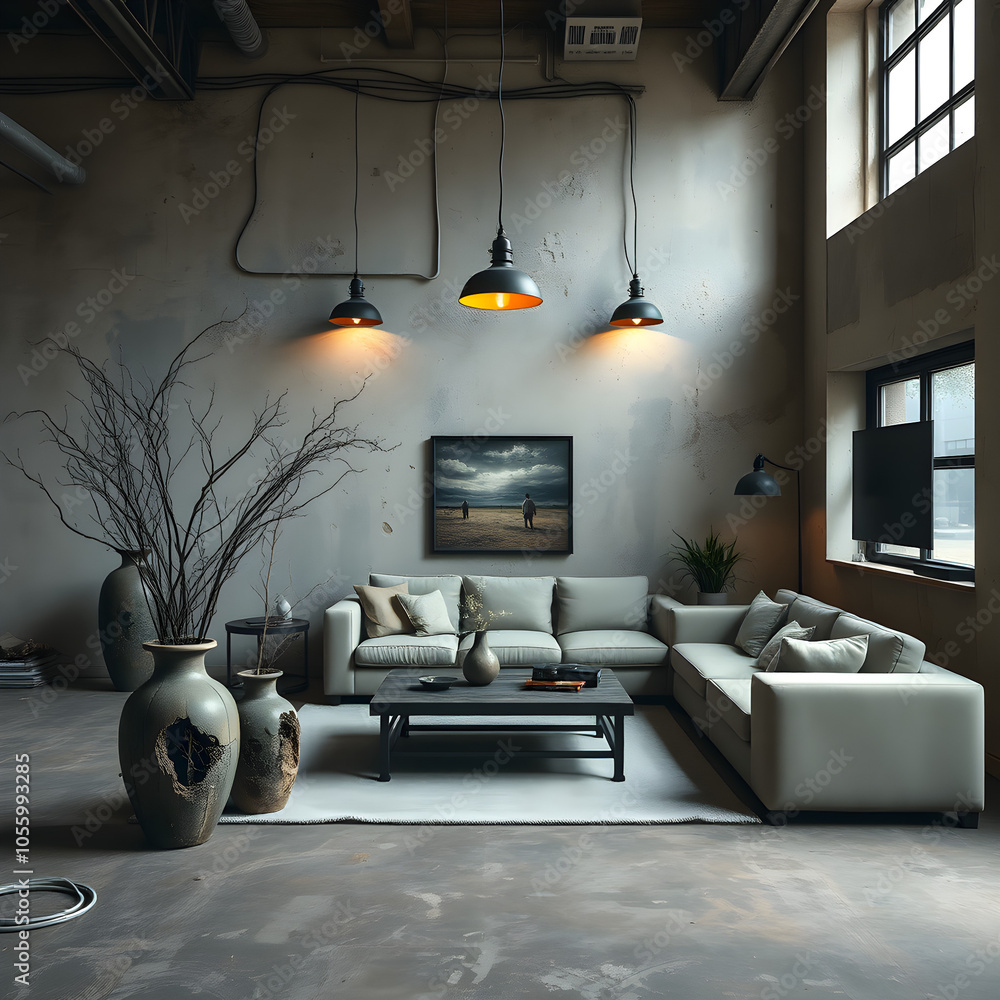 Scrapyard style, cool living room, industrial lighting, raw walls ...