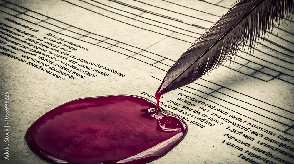 Red Ink Quill: A feather quill pen dripping red ink onto a balance ...
