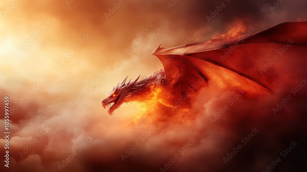This dramatic image captures a majestic dragon flying through fiery ...