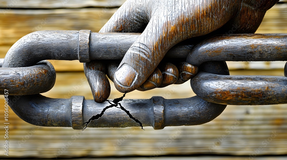 Release Point: A wooden hand reaching down to touch a broken chain link ...