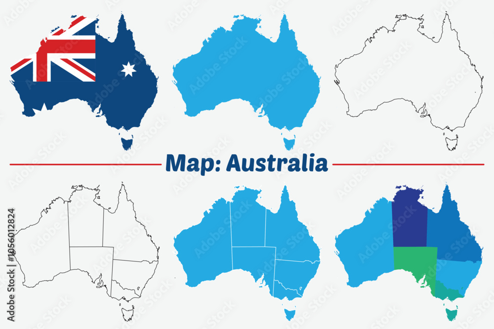 Australia country map set. internal provinces borders marked, Simple ...