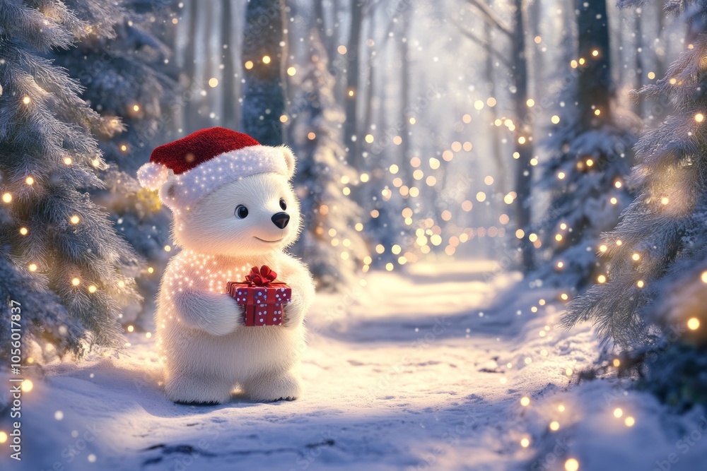 a very cute fluffy little polar bear wearing christmas hat holding ...