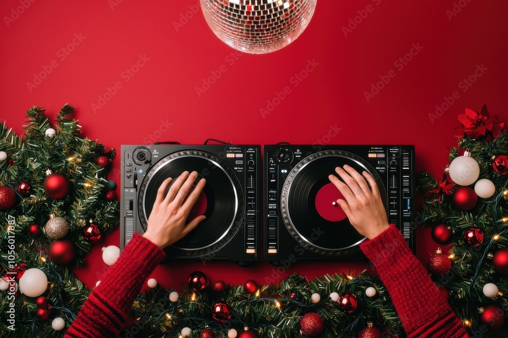 DJ hands mixing music on turntables with festive decorations, red ...