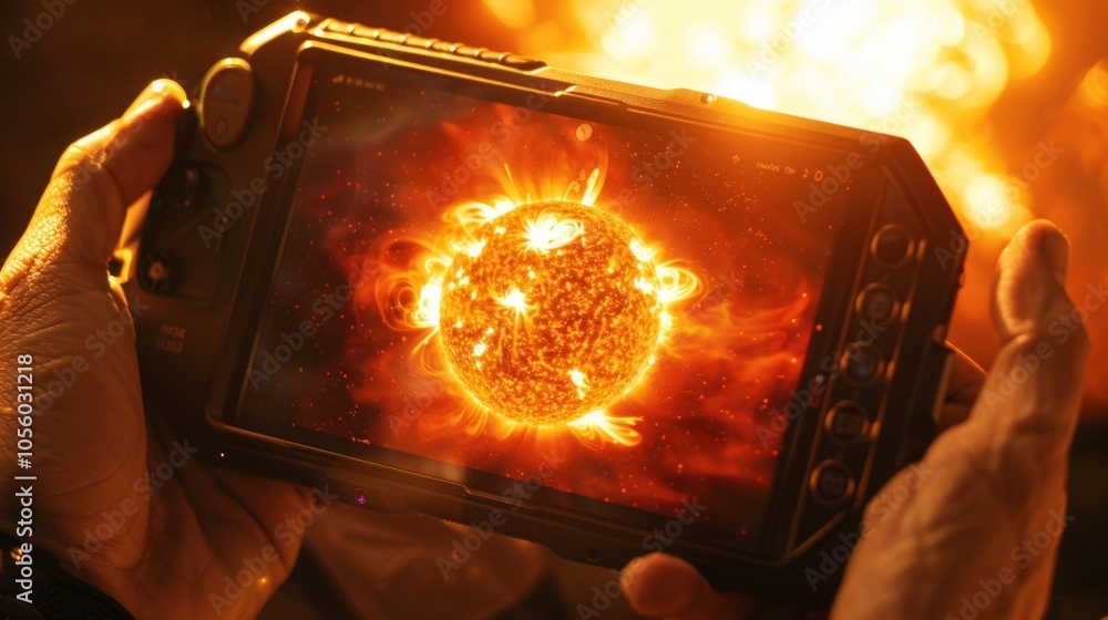 A handheld device displaying realtime images of the sun with its fiery ...