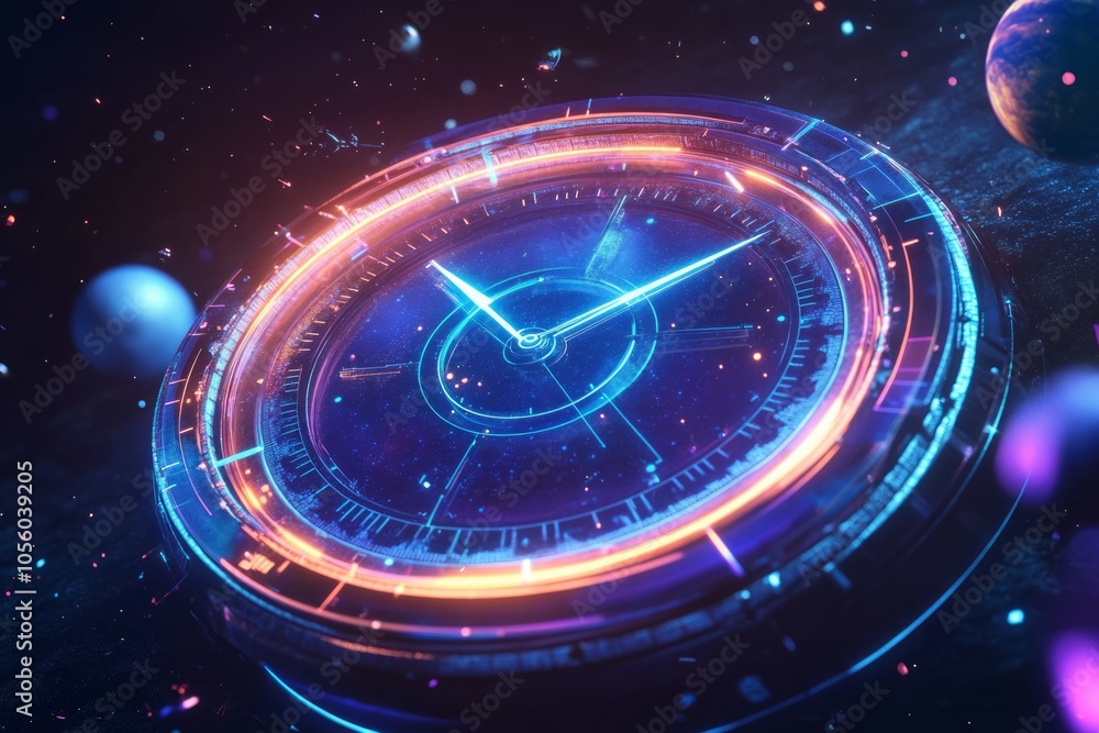 a circular time machine with holographic clock hands floating in space ...