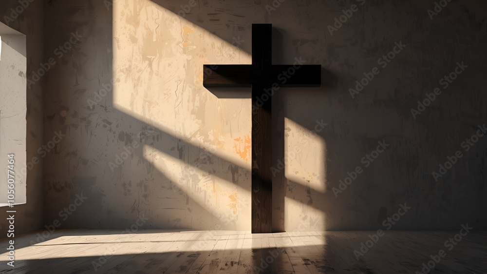 Black wooden cross in praying room, Christian church interior. with ...