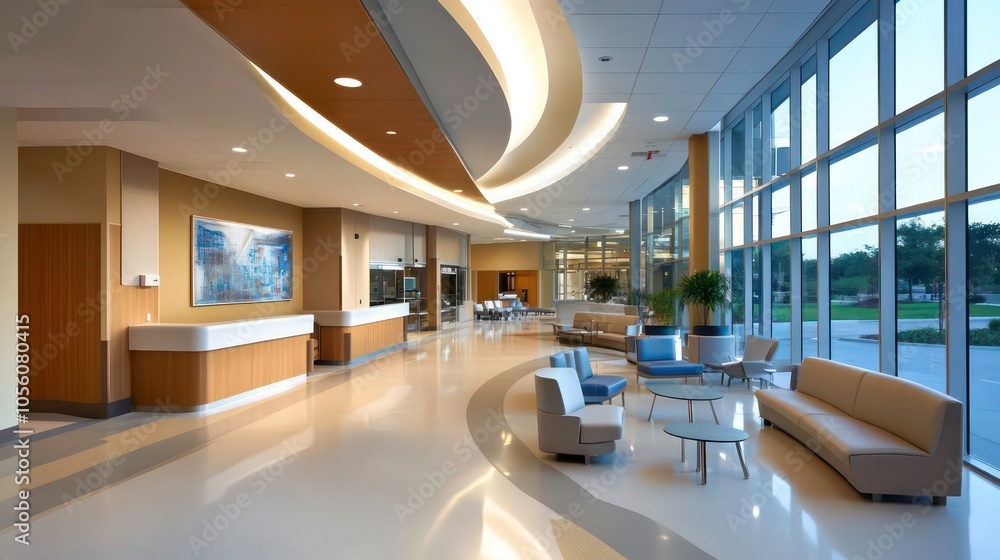 Modern hospital lobby with a reception desk, seating area, and large ...