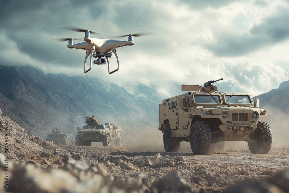 Military drone monitors armored vehicles on rugged terrain, showcasing ...