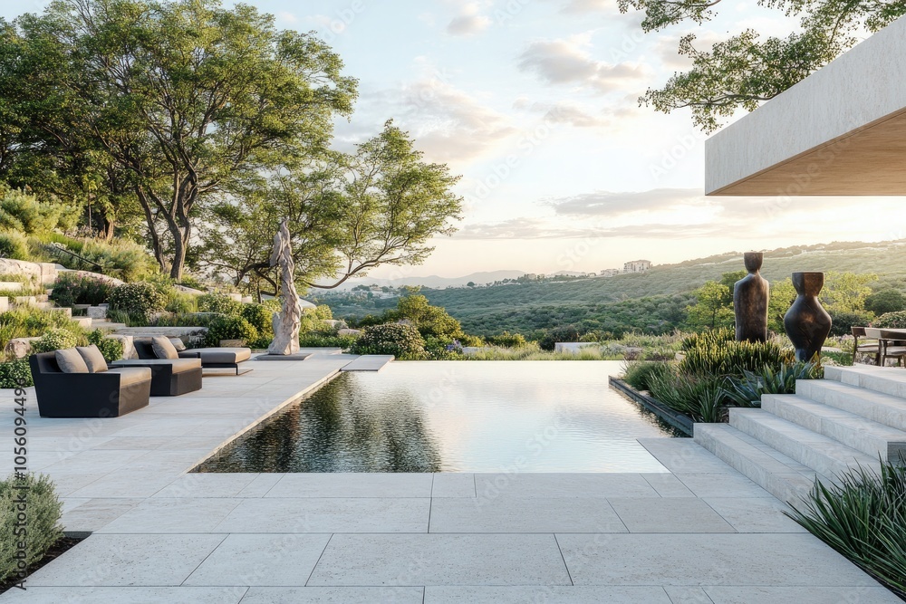 Contemporary garden with minimalist outdoor furniture, an infinity pool ...
