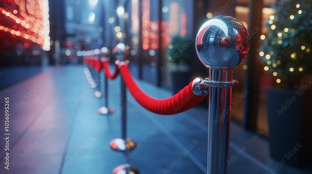 Seamless lineup of barriers with red ropes on silver stanchions ...