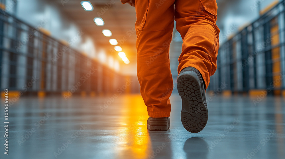 prisoner's legs in an orange uniform, walking along a worn path. It ...