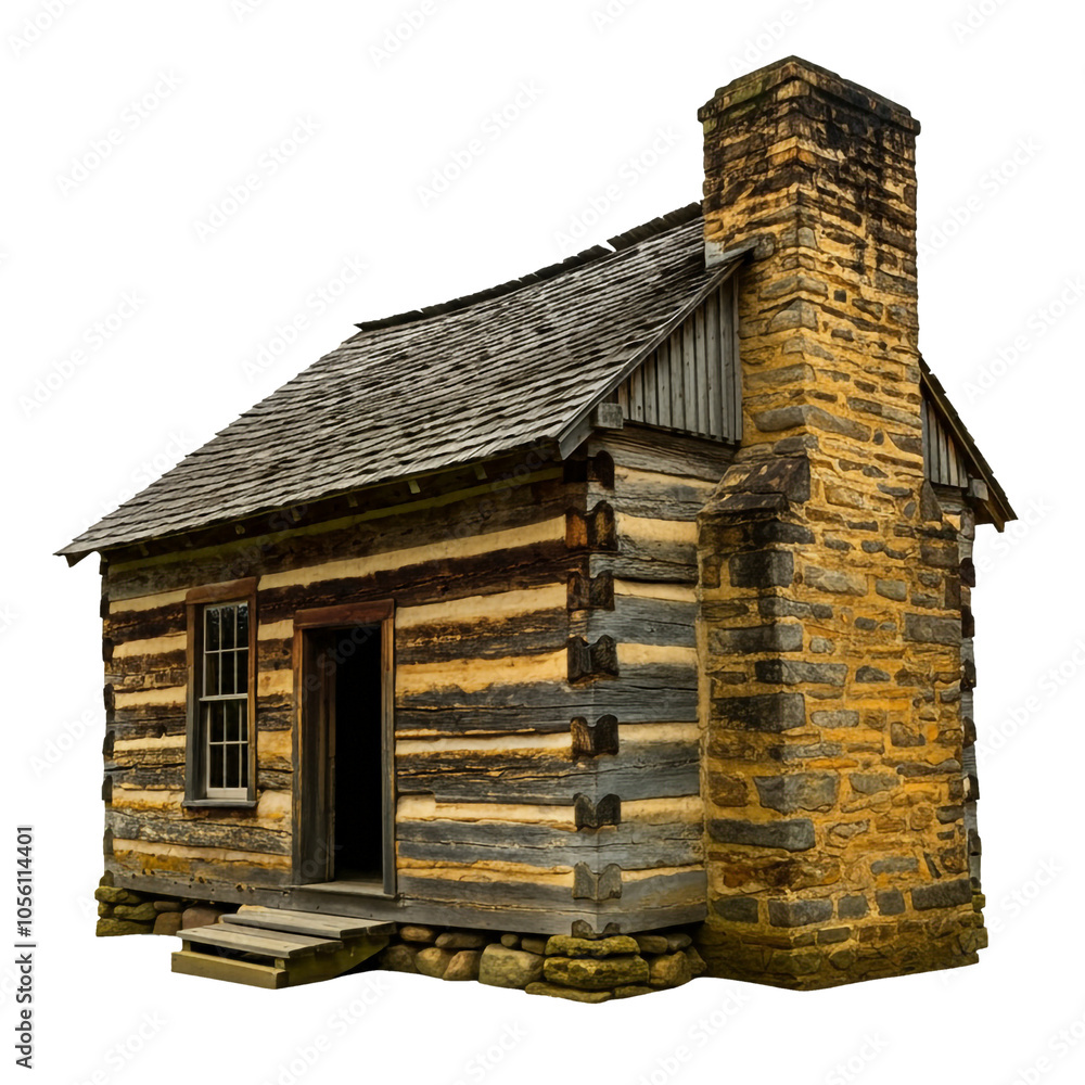 Primitive Log Cabin, Rustic House with Stone Chimney & Foundation, Old Wood, Isolated ...