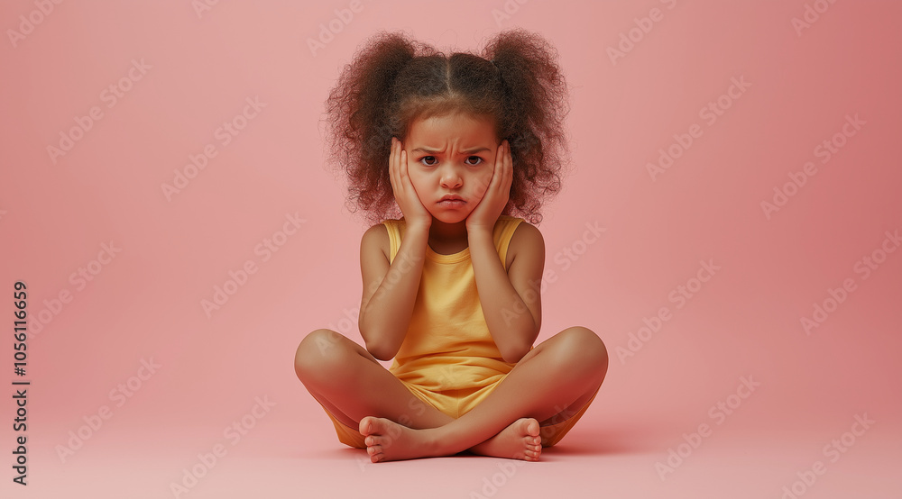 An angry little girl sits on the floor with her hands covering her ears ...